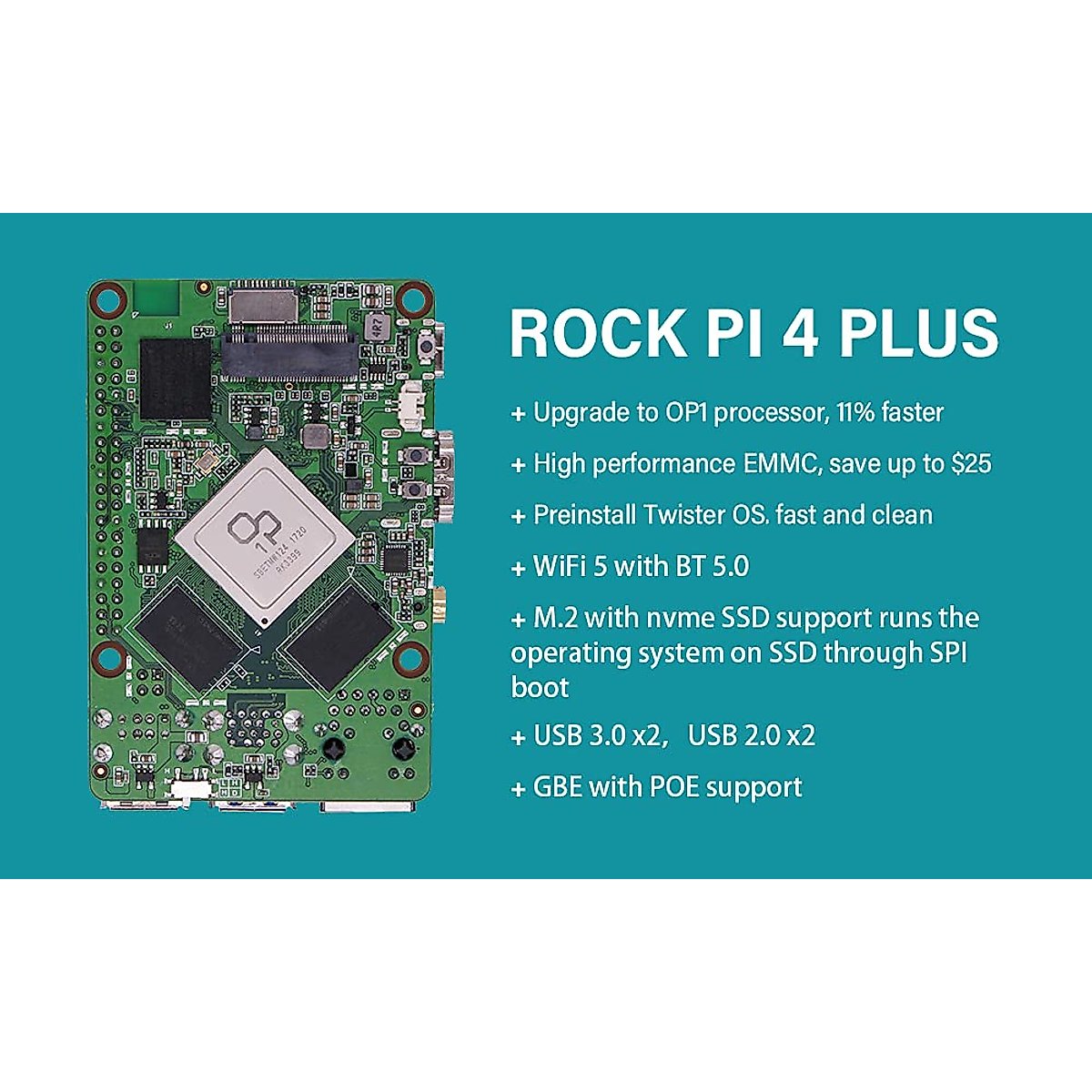 Rock Pi 4 Plus Rockchip RK3399(OP1) Single Board Computer LPDDR4 2GB with WiFi 5 and Bluetooth 5.0 Support Twister OS (2GB RAM+16GB eMMC)