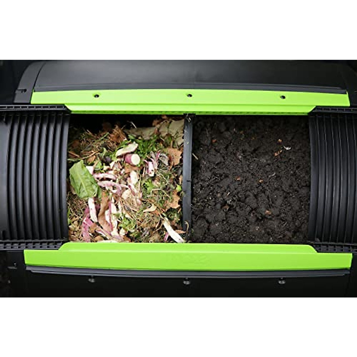 Maze 65 Gallon Dual Chamber Compost Tumbler with Large Double Door and Open Base and Comes with Maze Compost Cart