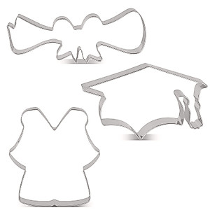 LILIAO Graduation Cookie Cutter Set - 3 Piece - Diploma, Graduation Cap and Graduation Gown Biscuit Fondant Cutters - Stainless Steel