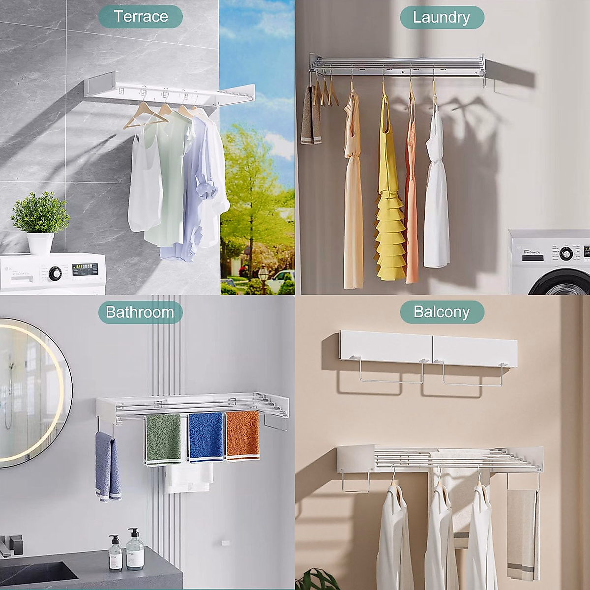 Wall Mounted Drying Rack, Laundry Drying Rack Collapsible, Clothes Drying Rack, Towel Drying Rack for Indoor & Outdoor with Wall Template & 5 Rods, 60 lb Capacity, 31.5” Wide, 13.5 Linear Ft, White