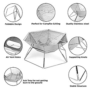 Odoland Collapsible Campfire Grill Camping Fire Pit, 304 Stainless Steel Grill Gate, Heavy Duty Portable Camping Grill Stove with Carrying Bag for Backpacking Hiking Picnic BBQ, Hexagon