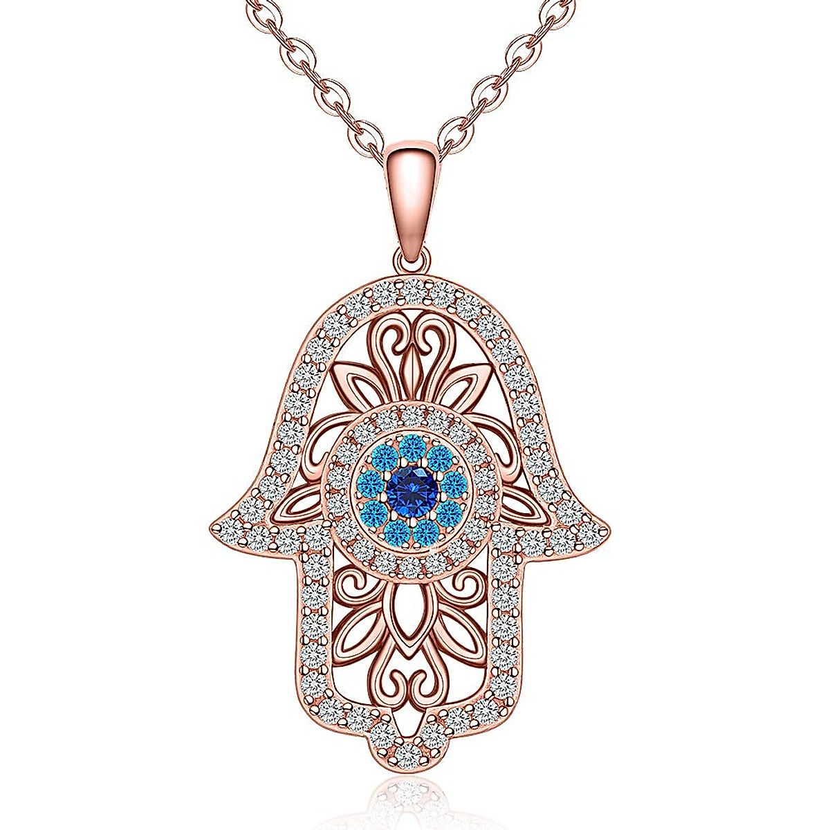 Hamsa Hand Evil Eye Necklace 925 Sterling Silver Rose Gold Plated Vintage Fatima Hand Good Luck Women Pendant Necklace