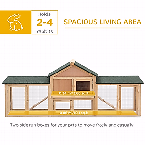 PawHut 83" L Outdoor Rabbit Hutch, Guinea Pig Cage Indoor Outdoor Wooden Bunny Hutch with Double Runs, Weatherproof Roof, Removable Tray, Ramps, Natural