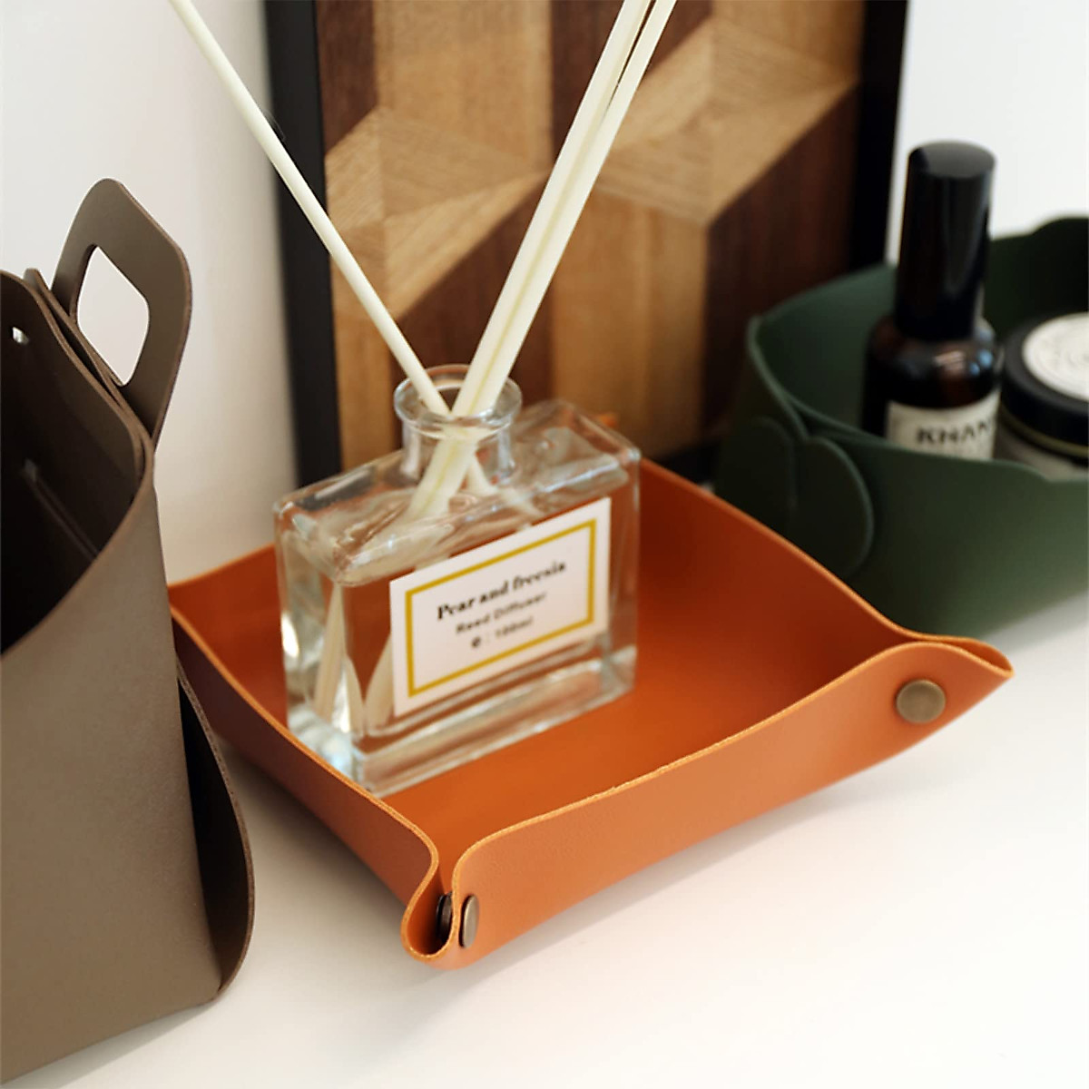 Banugo Valet Tray, Small Catchall Tray, Leather Tray, Foldable Jewelry Organizer, Suitable for Travel, Nightstand, Storage, Home or Office (Orange-S)