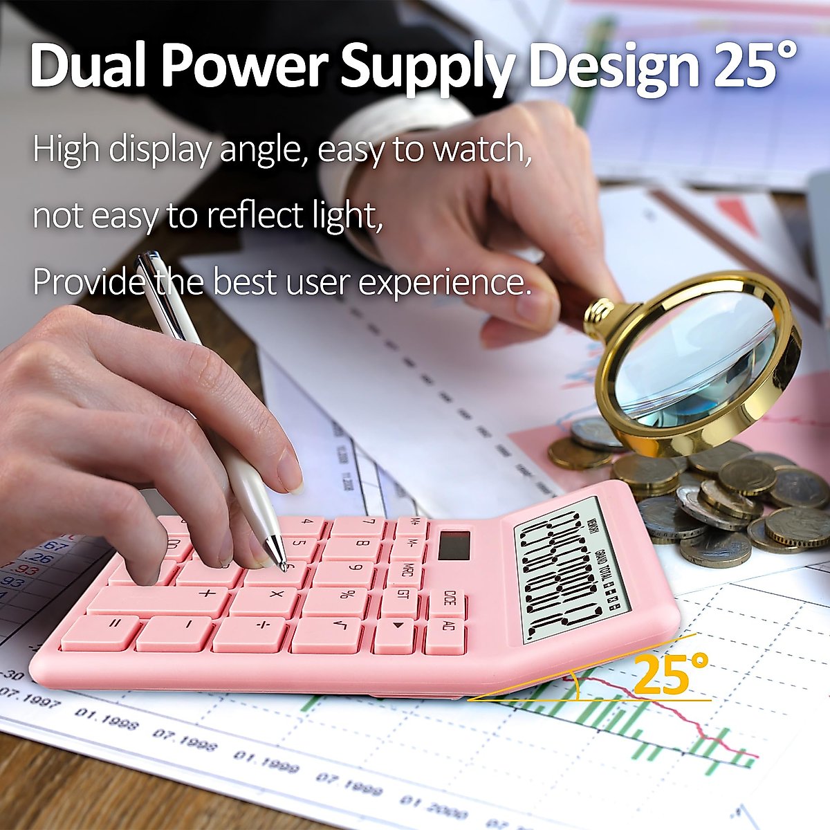 Exlliy Desk Calculator 12 Digit,Pink Desktop Dual Power Battery and Solar,Desk Calculators with Large LCD Display,Perfect for Home, Office,and School Use,Auto Sleep