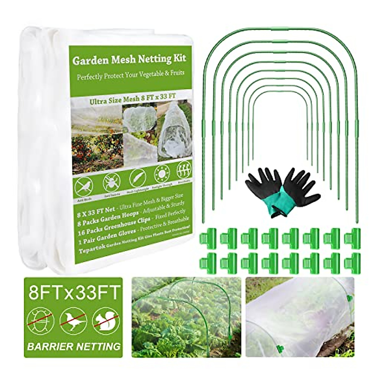 75 Pieces Garden Mesh Netting Kit, 8 x 33 Ft Plant Cover Ultra Mesh Netting & 8 Pcs Garden Hoops & 16 Pcs Clips for Vegetable Plants Fruits Flowers Crop Greenhouse Cover Birds Animals Protection Net