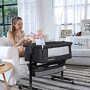 MMBABY Baby Bassinet Bedside Sleeper Bedside Crib Easy Folding Portable Crib 3 in 1 Travel Baby Bed with Adjustable Height,Breathable Net,Large Storage Bag and Mattress