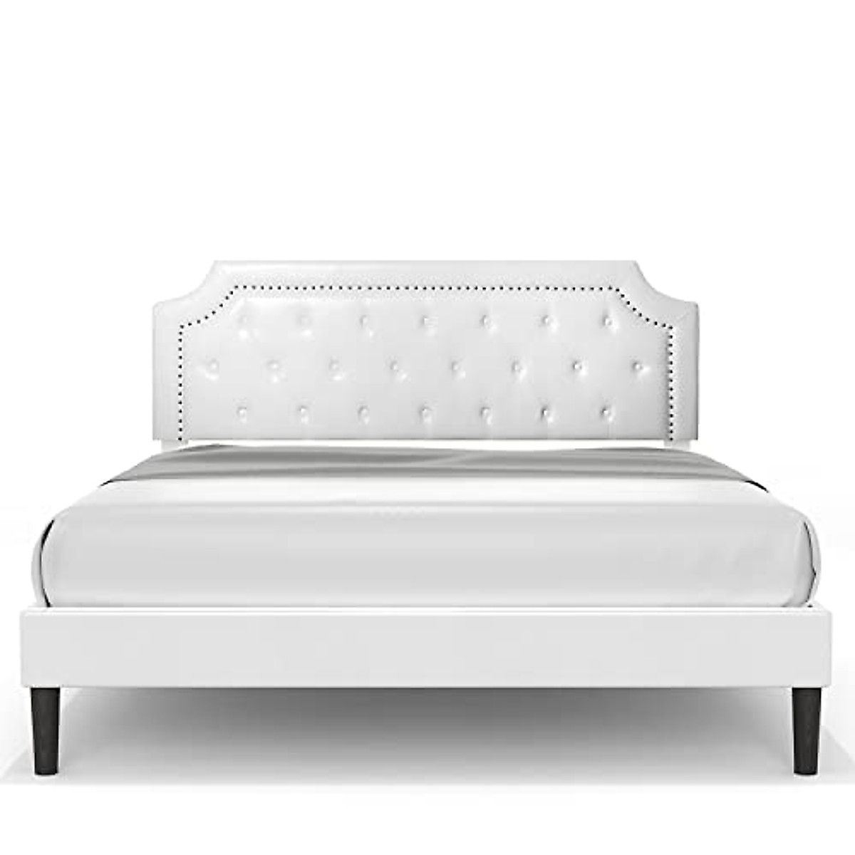 BONSOIR Bed Frame Upholstered Low Profile Platform Bed with Tufted Faux Leather Headboard/No Box Spring Needed/No Bed Skirt Needed (White, Queen Size)