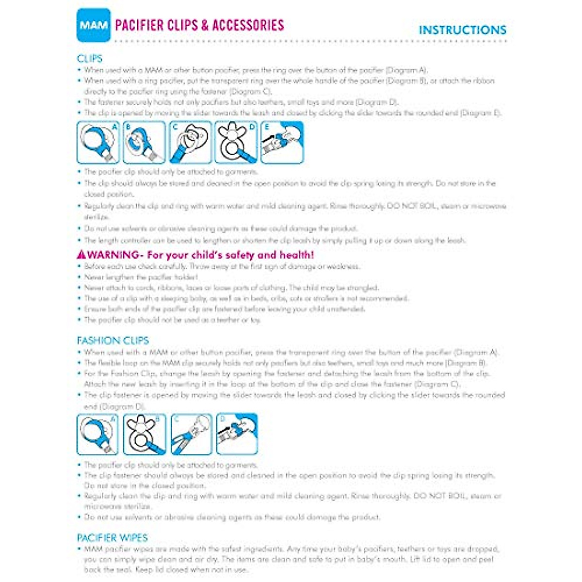 MAM Pacifier Clips for Baby Girls with Fasteners and Flexible Rings, Designs May Vary, 2 Count