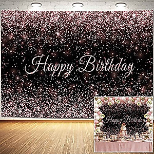 Haboke 7x5ft Durable Fabric Happy Birthday Backdrop Pink and Black Shiny Gold dot Glamour Sparkle Sweet Photography Background for Kids Adults Birthday Party Decorations Supplies Photo Studio Props …