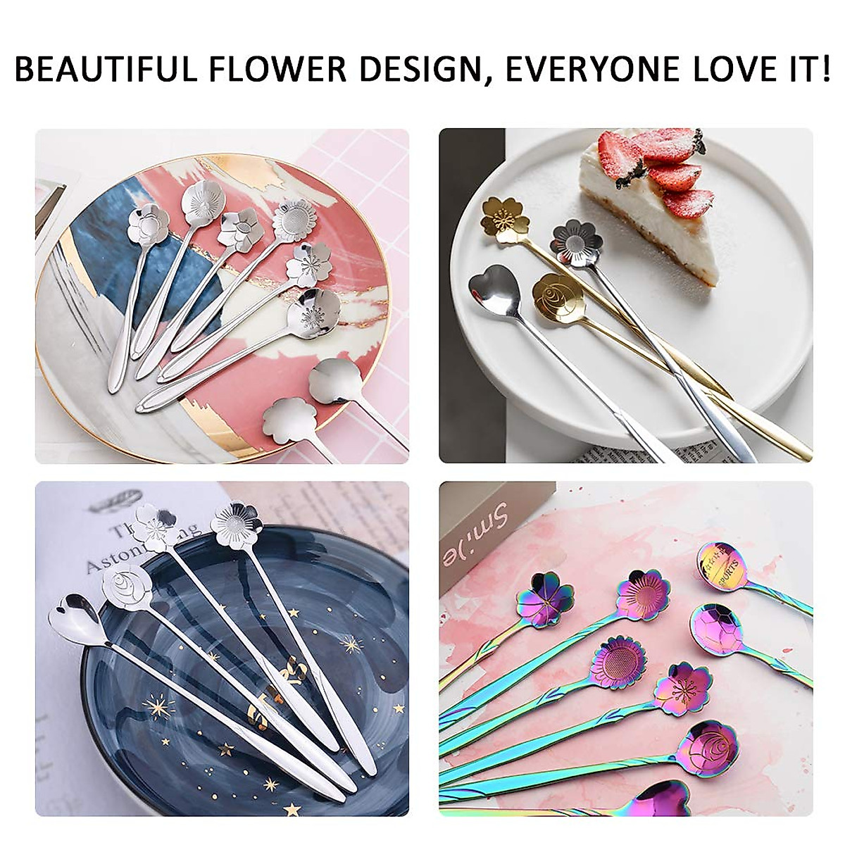 20PCS Flower Spoon Set, FULANDL Stainless Steel Tea Spoon Coffee Spoon Sugar Spoon, Reusable Tableware Stirring Spoon Ice Cream Spoon for Coffee, Tea, Cake, Dessert, Multiple Shapes (4.9 & 7Inch)