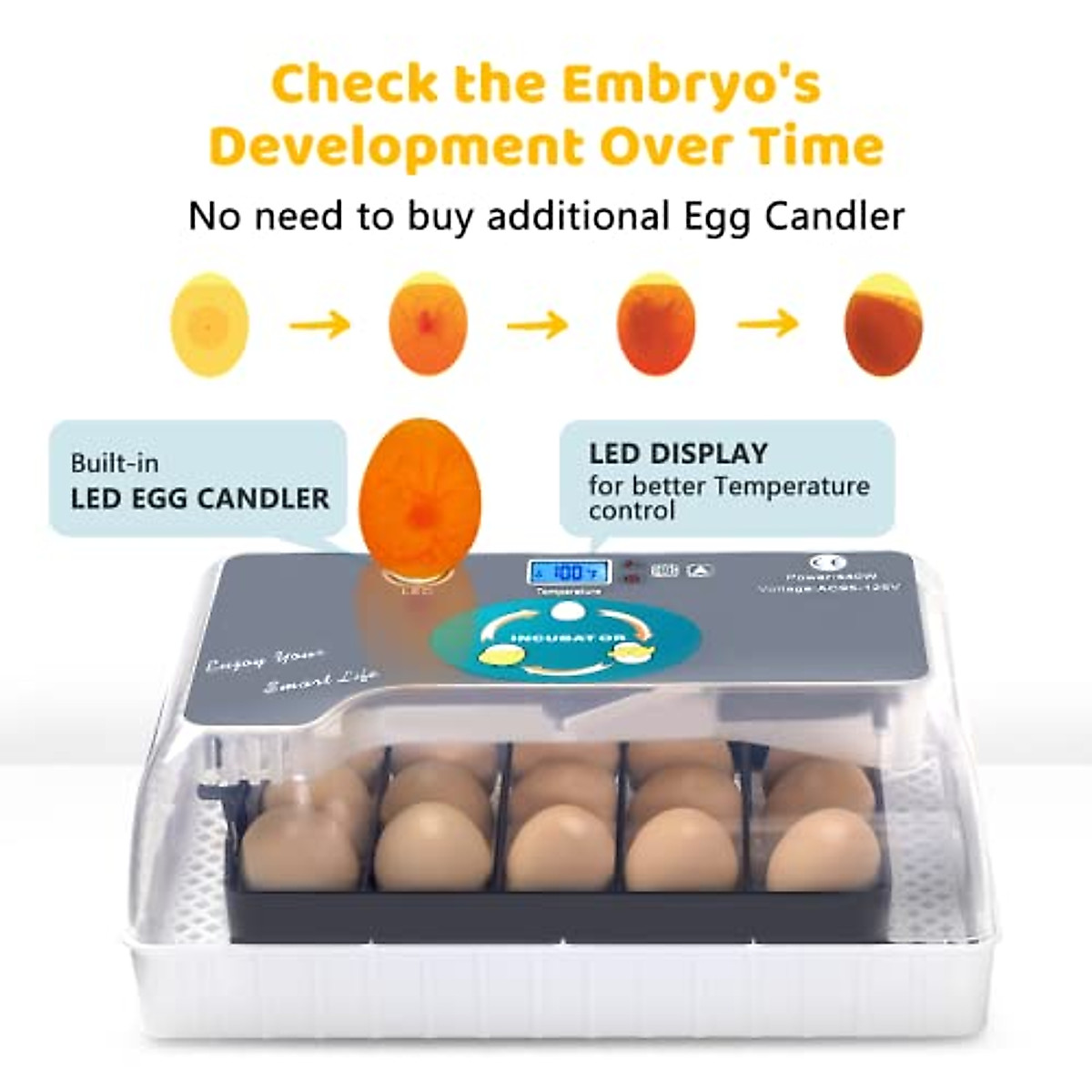 Apdoe Egg Incubator Clear View, Automatic Egg Turner, Temperature Humidity Control, Egg Candler, Poultry Egg Incubator for Hatching 12-15 Chicken Eggs, 35 Quail Eggs, 9 Duck Eggs, Turkey Goose Birds