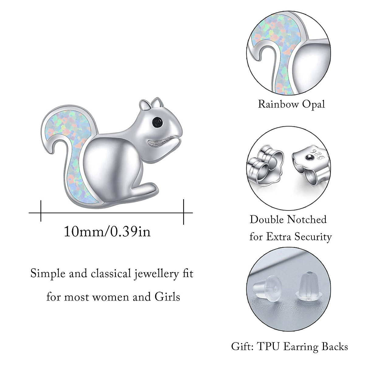 Squirrel Earrings 925 Sterling Silver Cute Opal Little Squirrel Earrings Hypoallergenic Stud Lovely Small Animal Jewelry Gift for Women Girlfriendr Teen Sensitive Ears