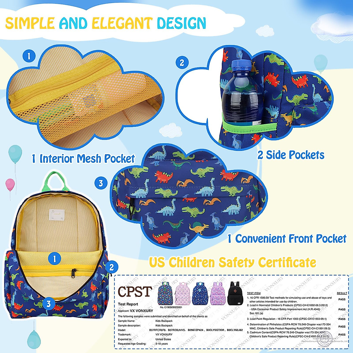 VX VONXURY School Backpack for Boys, Lightweight Kids Backpack Preschool Toddler Kindergarten Bookbag with Front Chest Buckle,Blue Dinosaur