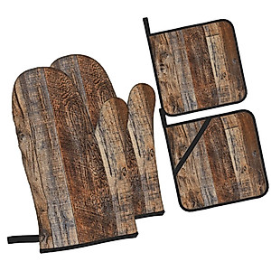 Oven Mitts and Pot Holders Sets of 4,Vintage Brown Wood Splicing Pattern,Oven Mitts Heat Resistant Oven Gloves Set Potholders for Kitchen Baking Grilling