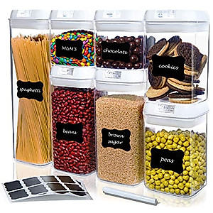 Kitchen Logic Airtight Food Storage Containers with Lids, Easy To Lock, Kitchen Pantry Organization and Storage Canister Set for Cereal, Pasta, Plus Labels, Marker, BPA-Free, 7 Piece Set (White Lids)