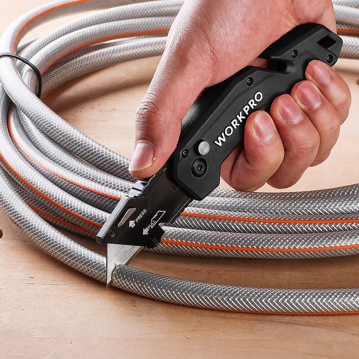 WORKPRO Folding Utility Knife, Box Cutter with Belt Clip, Quick-Change Blade, Lightweight Nylon Handle, Wire Stripper & Gut Hook, Extra 10 SK5 Blades Included, Black