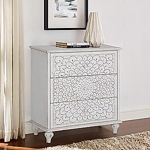 Sophia & William Accent Storage Cabinet with 3 Drawers Distressed Storage Chest with Carved Finch Feather Pattern for Entryway Living Room Bedroom