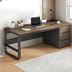 LITFAD Stylish Modern Office Desk with Built-in Cable Management and Wood Top Rectangular Computer Desk with 3 Drawers Perfect for Office or Home Use - Brown 63" L x 24" W x 29" H