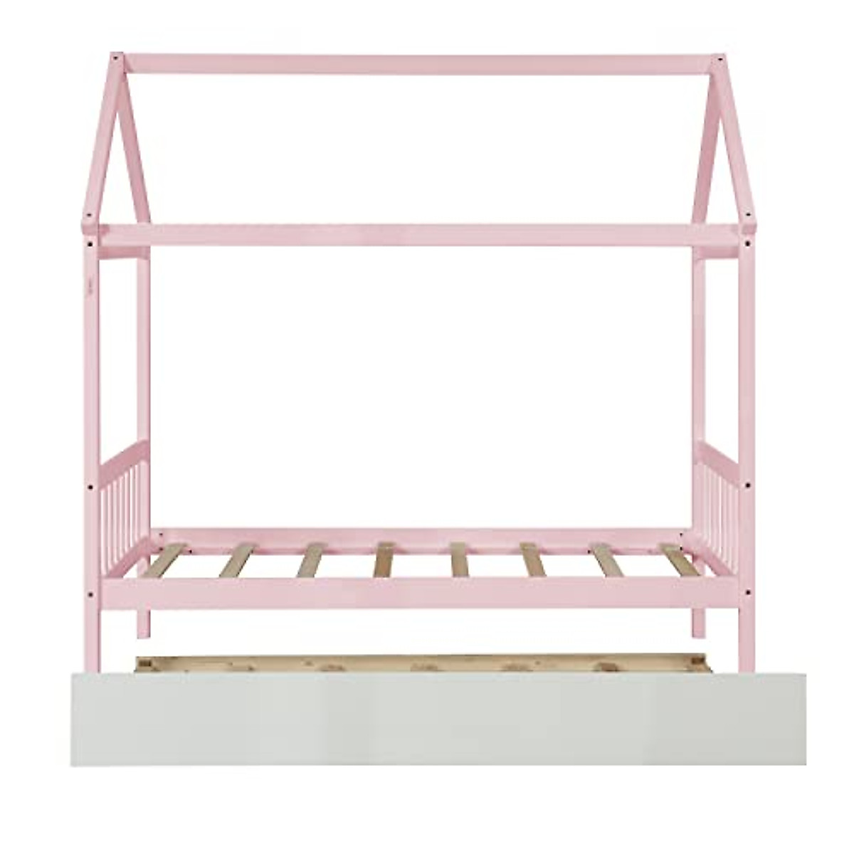 EMKK Twin Bed with Trundle,Kids House Bed Frame Twin Size with Trundle, Wooden Daybed for Boys Girls, can be Decorated, Pink
