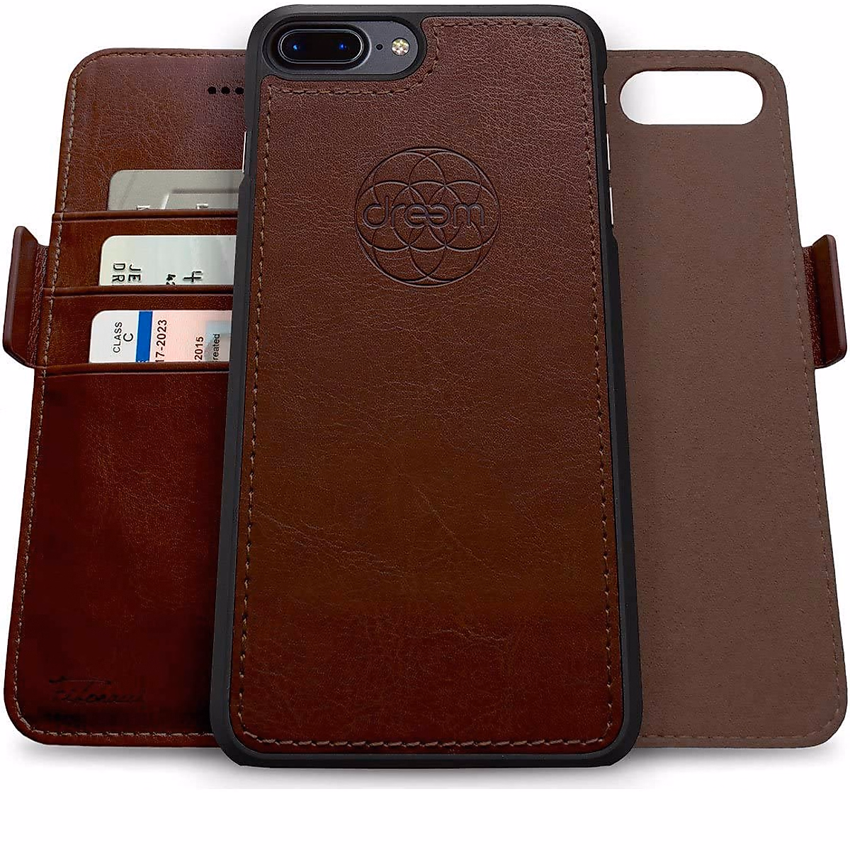 Dreem Fibonacci 2-in-1 Wallet Case for Apple iPhone 8 Plus & 7 Plus - Luxury Vegan Leather, Magnetic Detachable Shockproof Phone Case, RFID Card Protection, 2-Way Flip Stand - Coffee