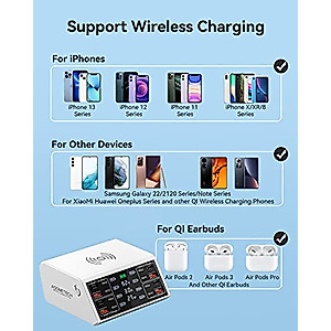 USB Charging Station, 100W 8-Port Charging Station for Multiple Devices with 4 QC3.0+4 USB C PD Ports, Wireless Charger, Multi Fast Charging Hub USB C Charging Station for iPhone,Samsung, iPad