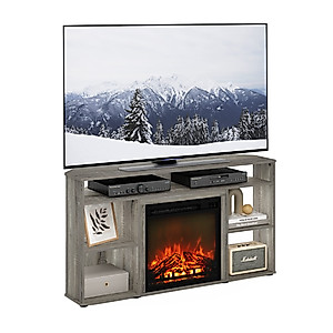 Furinno Jensen Corner TV Stand with Fireplace for TV up to 55 Inches, French Oak Grey
