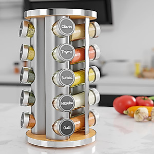 New England Stories Revolving Spice Rack Set with 20 Spice Jars, Kitchen Spice Tower Organizer for Countertop or Cabinet -- Carousel Storage Includes 386 Spice Labels