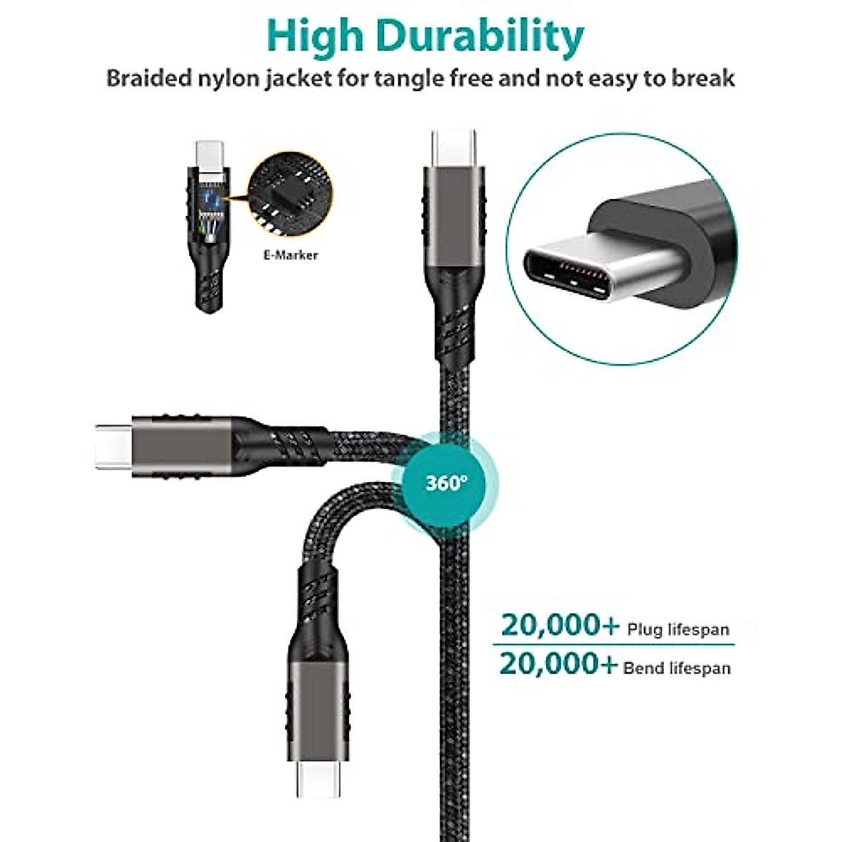 Elfesoul USB C to USB C Cable 10ft, USB C 3.2 Gen 2 Cable 20Gbps Data Transfer USB C Cable 100W PD Fast Charging Cable for MacBook Pro, iPad Pro, Galaxy S22, Nylon Braided, Black.