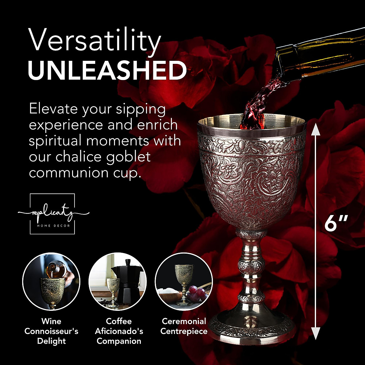 REPLICARTZ Chalice Goblet Communion Cup - Halloween Brass Gold Wine Glasses - Elegant Catholic Gothic - King Arthur Medieval Decor Drinkware - Christmas, Wedding Chalice Gifts, 210 ml, 7.10 oz