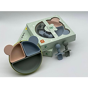 MIX COLOR SILICON BABY FEEDING SET, BABY EATING SUPPLIES, BABY LED WEANING SUPPLIES (Blue Beige Green)