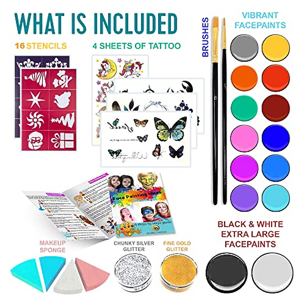 Desire Deluxe Face Paint Kit Palette – Kids & Adult Washable Halloween Make Up Party Set Toy Include Body Brush, Glitter, Stencil, Tattoo – Great Gift for Christmas & Birthday