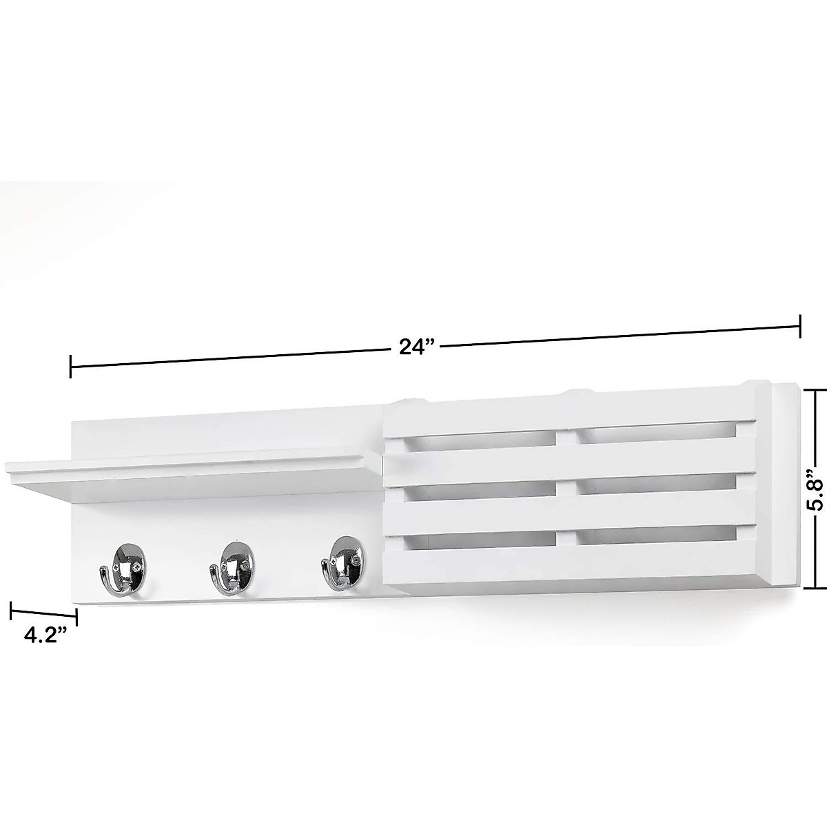 Mail Holder Organizer 3 Hooks Key Holder Wall Shelf White 24''x 6''