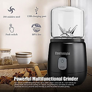 COOL KNIGHT Electric Herb Grinder Electric Spice Grinder, USB Rechargeable 200W Cordless Electric Herb Grinder for Herbs, Spices, Seeds, etc. (Black)