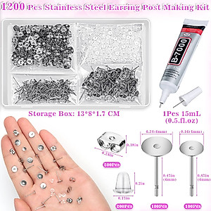 Jewelry Glue with Earring Posts, Anezus 600pcs Stainless Steel Earring Posts Blanks Hypoallergenic Earring Posts and Back with Rubber Earring Backs for Jewelry Making Supplies Earring Findings