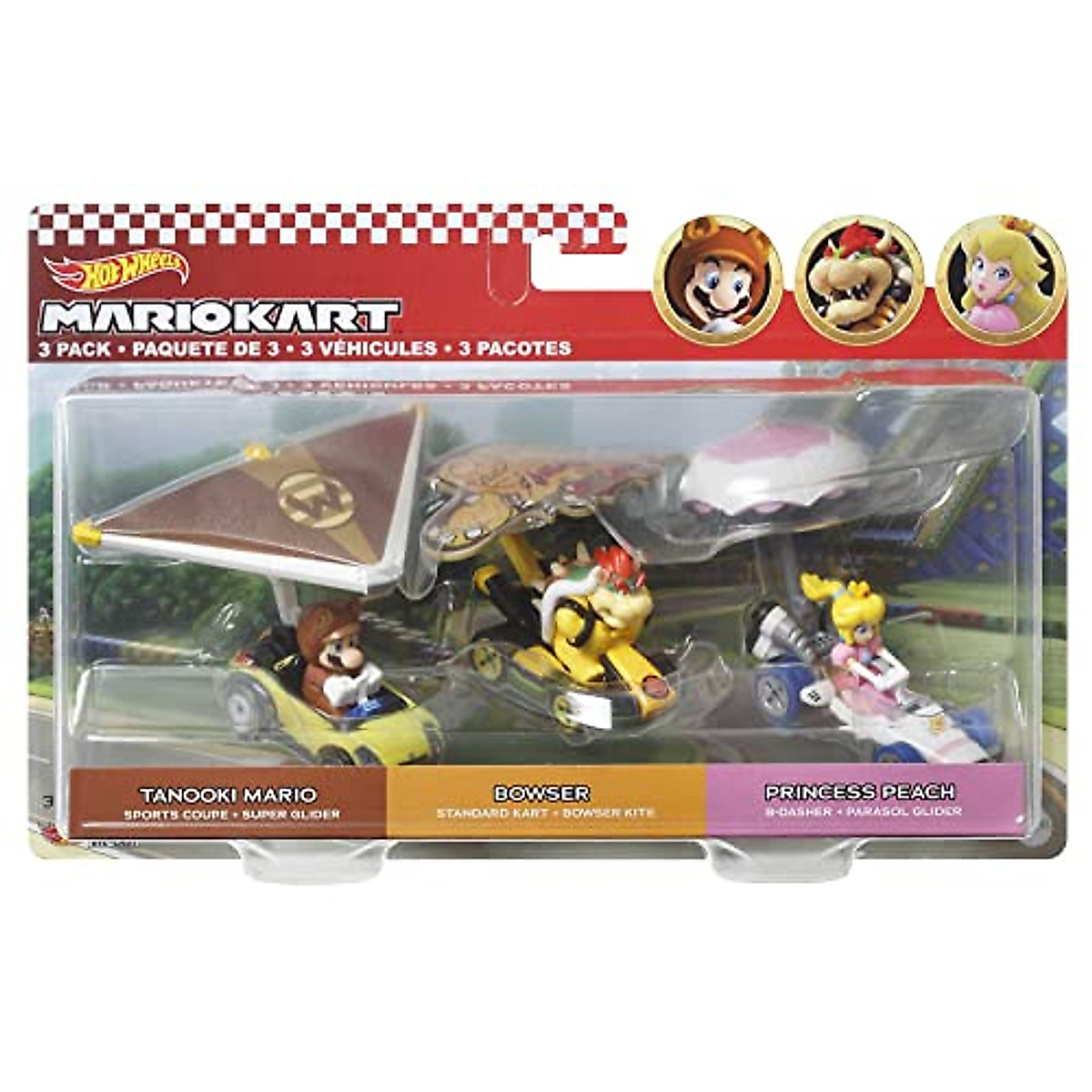 Hot Wheels Mario Kart Vehicle 3-Pack Set of Toy Cars with Gliders Inspired by Tanooki Mario, Princess Peach and Bowser