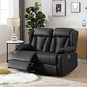 AHMED RV Loveseat Recliner Sofa, Faux Leather Home Theater Seating with Removable Armrest for Adults, Manual Double Recliner Chair with Cup Holders/Side Pockets for Living Room (Black)