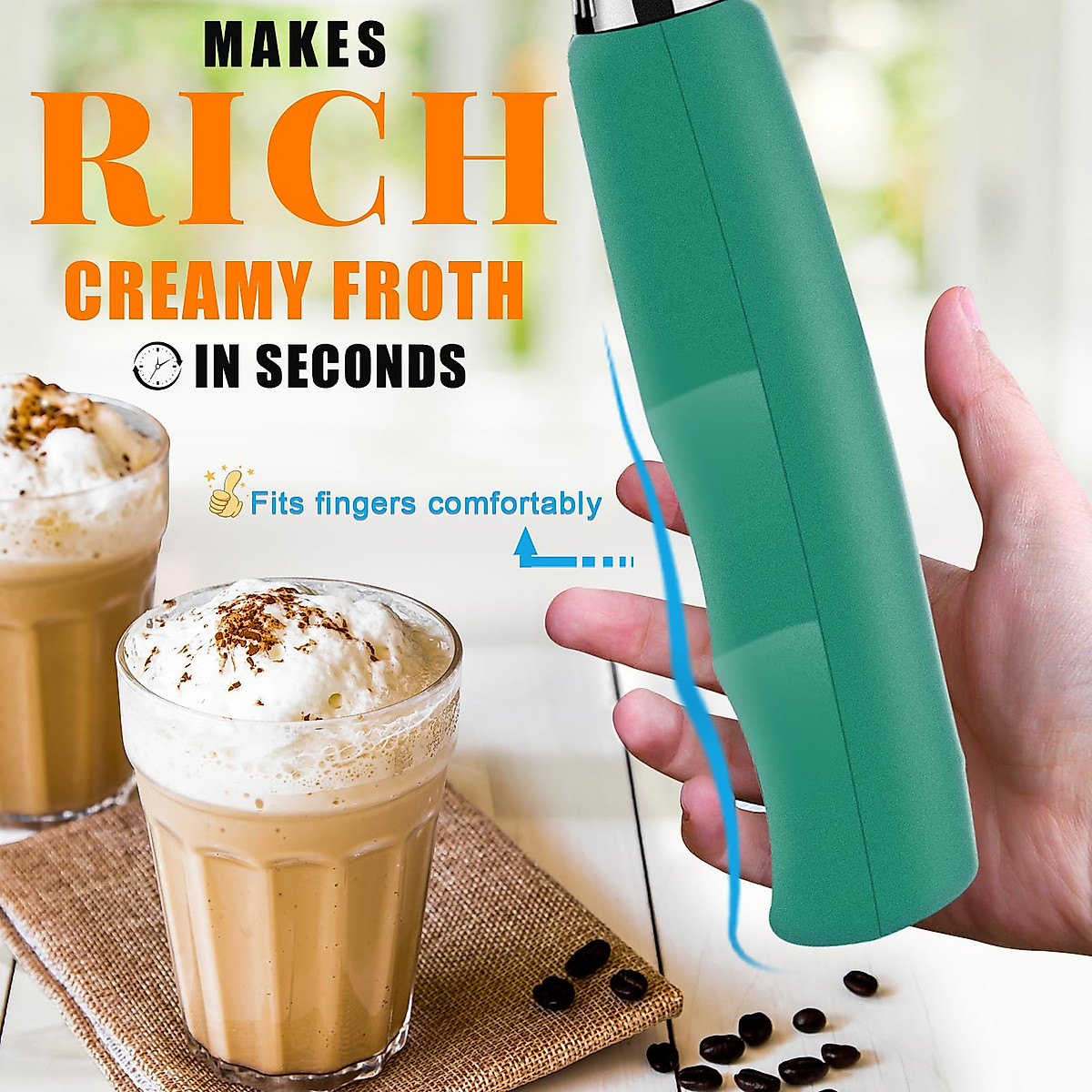 YUSWKO Milk Frother Handheld with 3 Heads, Coffee Whisk Foam Mixer with USB Rechargeable 3 Speeds, Electric Mini Hand Hand Frother for Latte, Cappuccino, Hot Chocolate, Egg - Green