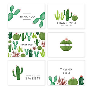 Gooji 4x6 Cactus Thank You Cards (Bulk 36-Pack) Matching Peel-and-Seal White Envelopes | Assorted Set, Watercolor, Colorful Graphics | Succulent, Birthday Party, Baby Shower, Weddings Blank Notes