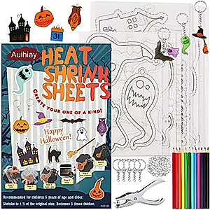Auihiay 145 Pieces Halloween Heat Shrink Plastic Sheet Kit Include 8 Shrink Paper with Halloween Patterns, 4 Blank Shrink Film Papers, Hole Punch, Keychains, Pencils for Kids DIY Creative Craft