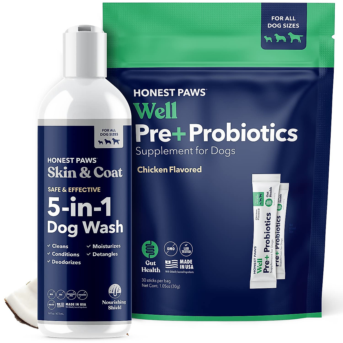 Honest Paws Dog Wash and Dog Probiotic with Prebiotic for Healthy Gut - 5-in-1 Dog Wash - Digestive and Immune Support Powder - Chicken Flavor