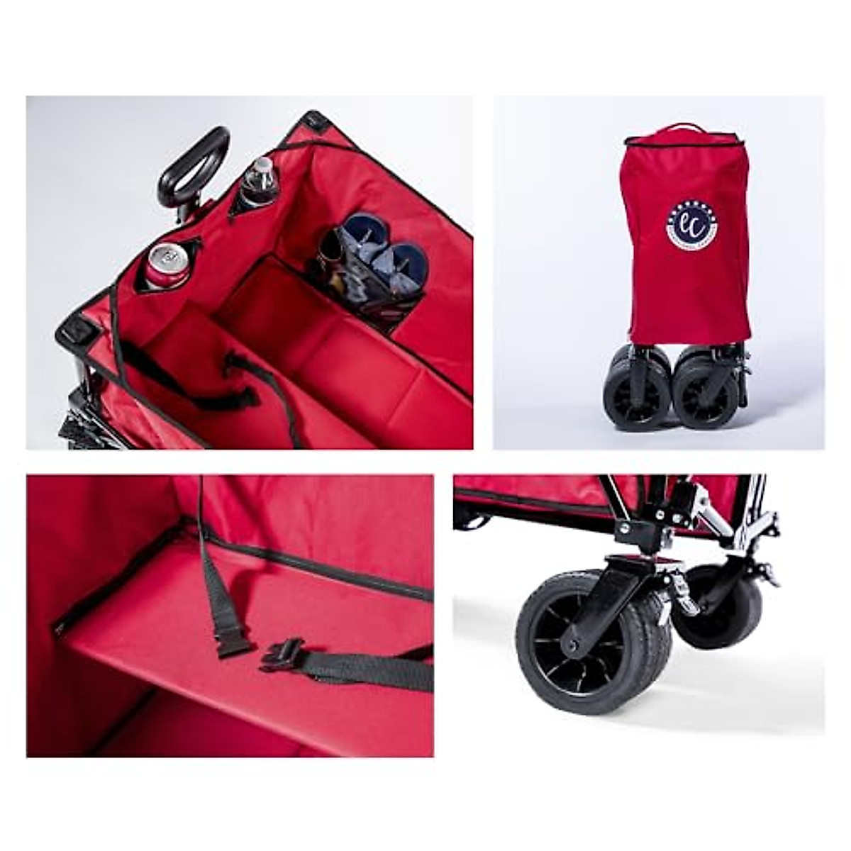 Collapsible Beach Wagon Large 220 lbs Capacity, Heavy Duty 40-inch Folding Wagon Cart with Big All-Terrain Wheels, Second Deck Design with Straps, Outdoor Camping Garden Utility Wagon Yard Beach (Red)