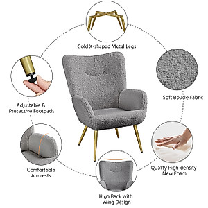 Yaheetech Boucle Reading Chair, Sherpa Furry Casual Accent Chair with High Back and Soft Padded, Modern Fuzzy Sherpa Chair, Cozy Armchair for Living Room Bedroom Office, Gray