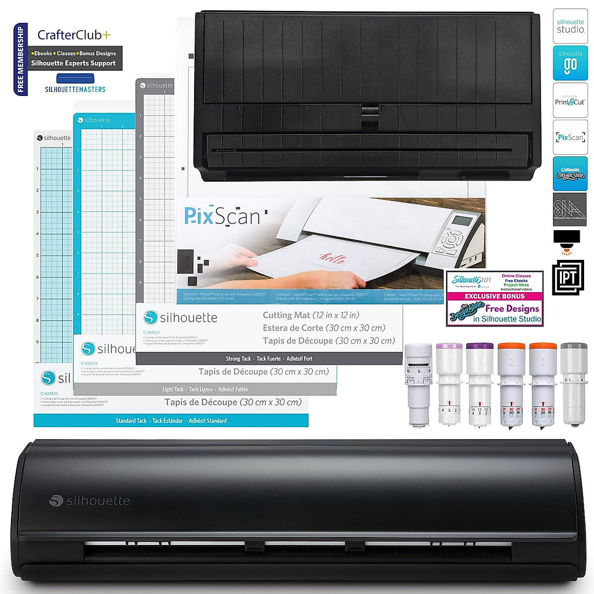 Silhouette Cameo 5 Bundle - Mats and Blades - 4 Cutting Mats Including The PixScan Mat, 5 Different Cutting Blades, Silhouette Studio and Roll Feeder (Matte Black)