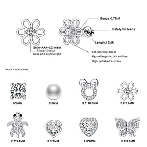 TOPBRIGHT 8 Pairs S925 Sterling Silver Stud Earrings Hypoallergenic Earrings White Heart CZ Tiny Butterfly For Kids, Toddlers, Little Girls, Teens, Women