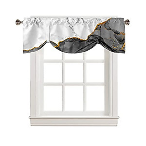 Funnywall88 Tie Up Curtain Valance for Living Room,Wild Marble Pattern Gold Black Grey White Ombre Valance for Kitchen Window Valance Adjustable Tie-up Valance 18 Inch Rod Pocket 1 Panel