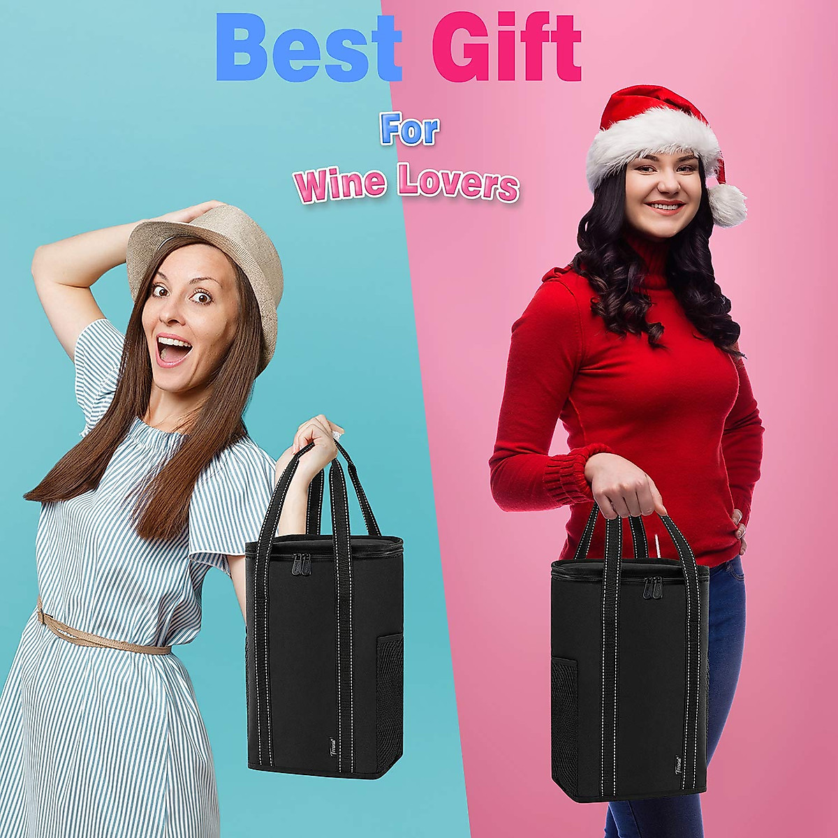 Vina 4 Bottle Wine Carrier - Travel Insulated Wine Carrying Case Cooler Tote Bag with Detachable Divider and Strong Handle, Great for Picnic, Beach Days,Party, Black