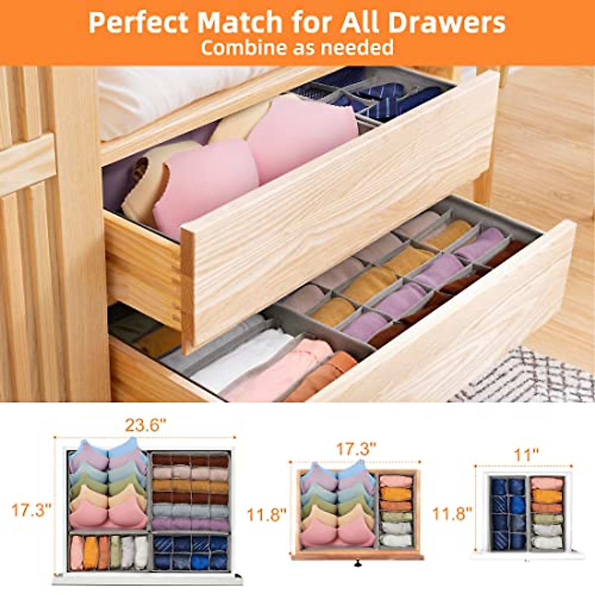 Sock Underwear Drawer Organizer Dividers 44 Cell, 4 Pack Underwear Drawer Organizers for Large Bras, Foldable Closet Organizers and Storage for Clothing, Socks, Underwear, Ties (Gray)