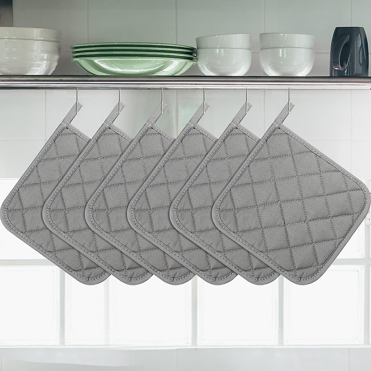 Zubebe 12 Pcs Oven Potholders Kit Square Pot Holders for Women Christmas Valentine's Day Gifts Heat Resistant Cotton Pads with Hanging Loops Machine Washable Kitchen Gift Craft Project (Grey)