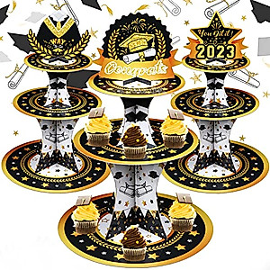 Treela 3 Pieces Graduation Cupcake Stands 3 Tier Round Cardboard Cupcake Stand 2023 Black and Gold Grad Decorations Theme Dessert Stand Holder for Graduation Party Supplies Favors